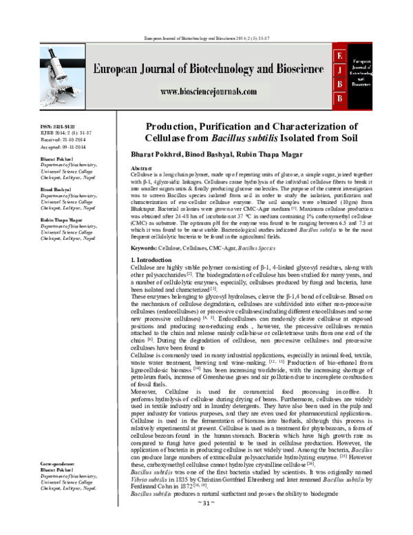 Pdf Production Purification And Characterization Of Cellulase From Bacillus Subtilis Isolated