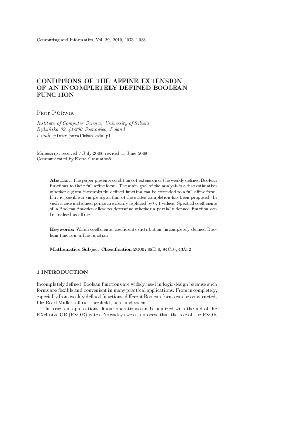 Pdf Conditions Of The Affine Extension Of An Incompletely Defined Boolean Function