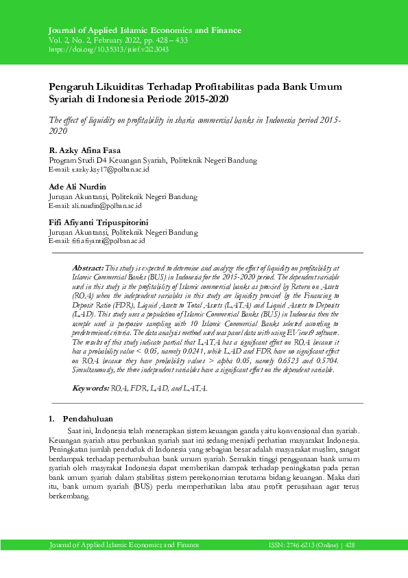(PDF) Pengaruh Likuiditas Terhadap Profitabilitas Pada Bank Umum Syariah di Indonesia Periode ...
