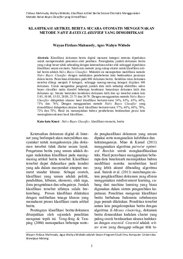 (PDF) Klasifikasi Artikel Berita Secara Otomatis Menggunakan Metode Naive Bayes Classifier Yang ...