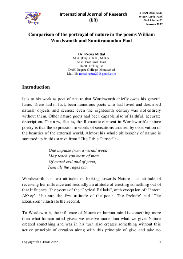 (PDF) Comparison of the portrayal of nature in the poems William ...