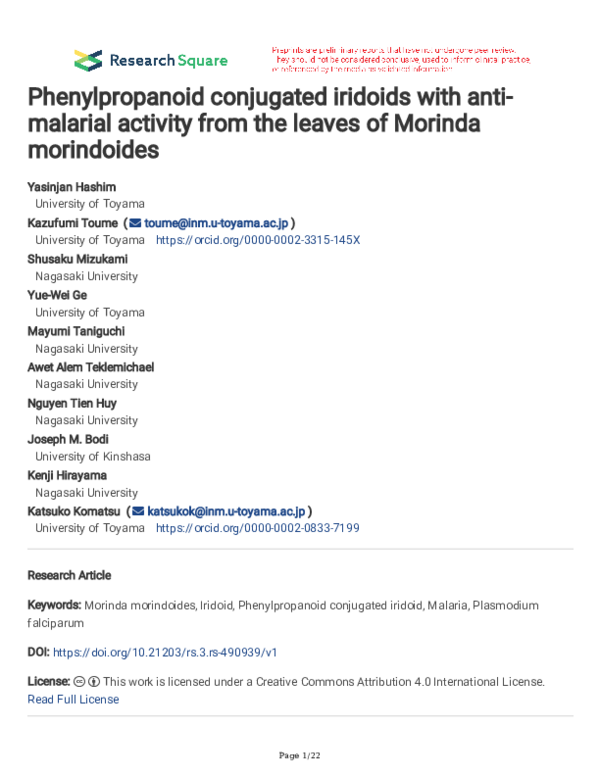 (PDF) Phenylpropanoid conjugated iridoids with anti-malarial activity from the leaves of Morinda ...