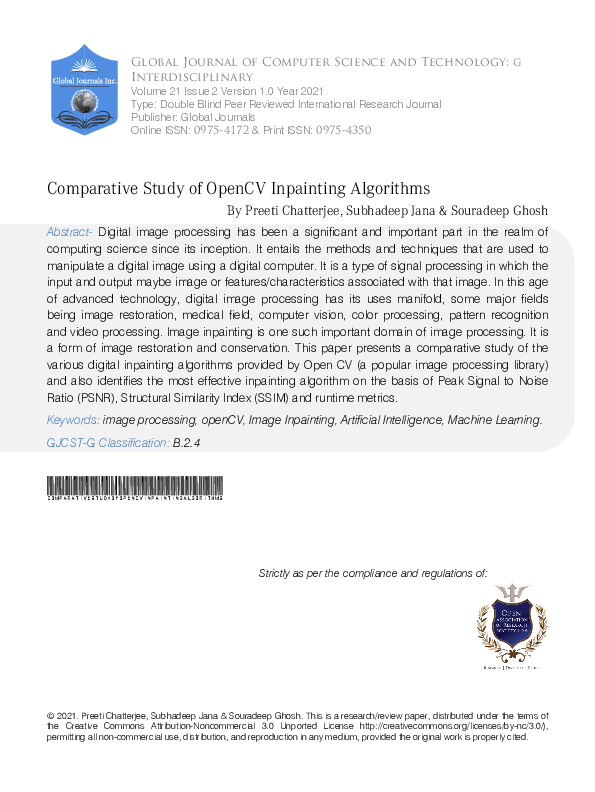 (PDF) Comparative Study of OpenCV Inpainting Algorithms