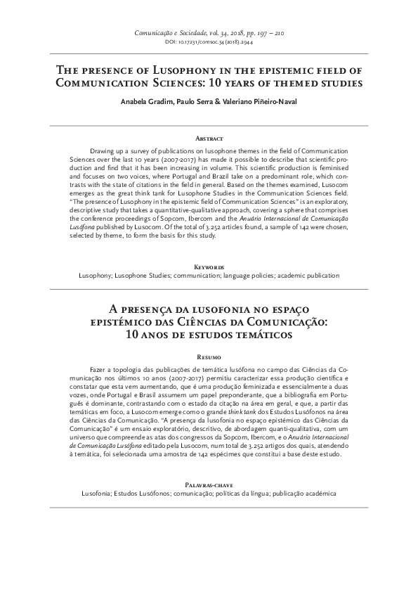 (PDF) The presence of Lusophony in the epistemic field of Communication ...