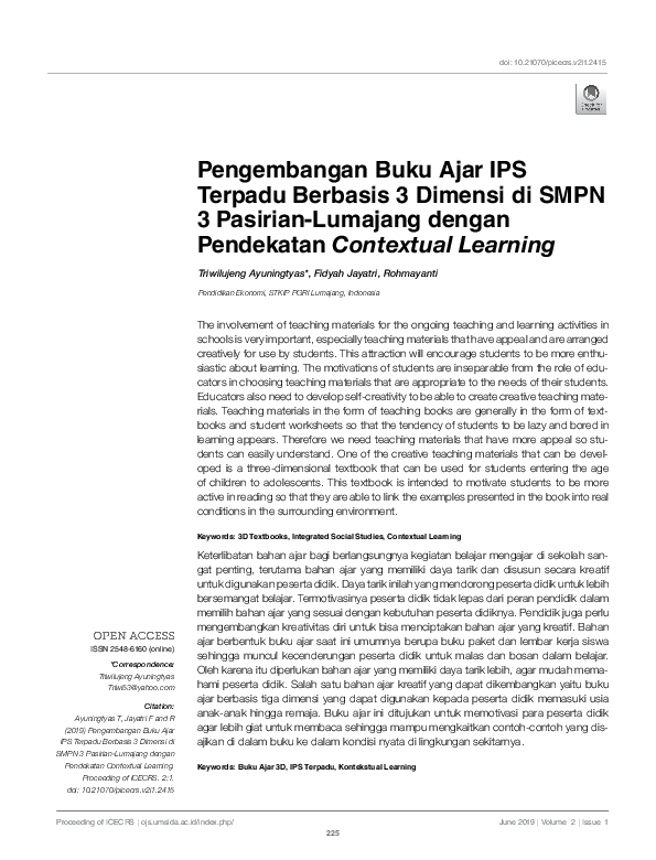 (PDF) Pengembangan Buku Ajar IPS Terpadu Berbasis 3 Dimensi di SMPN 3 Pasiran - Lumajang dengan ...