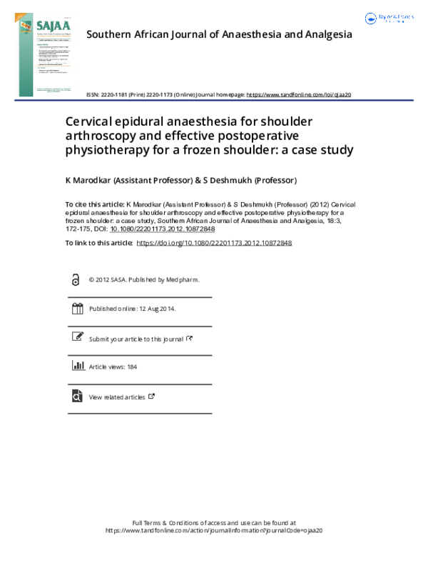 (PDF) Cervical epidural anaesthesia for shoulder arthroscopy and ...