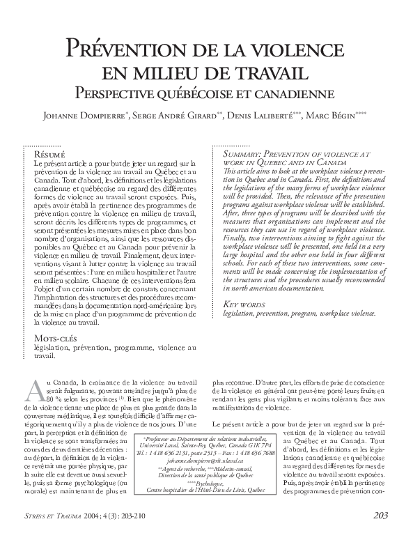 (PDF) Prévention de la violence en milieu de travail: Perspective québécoise et canadienne ...