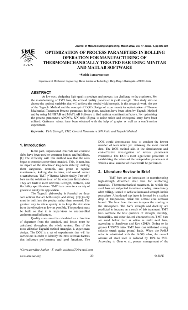 (PDF) Optimization of Process Parameters in Rolling Operation for Manufacturing of ...