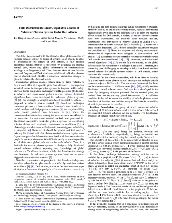 (PDF) Fully Distributed Resilient Cooperative Control of Vehicular Platoon Systems Under DoS ...