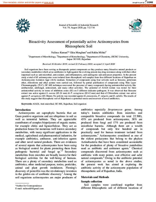(PDF) Bioactivity Assessment of potentially active Actinomycetes from ...