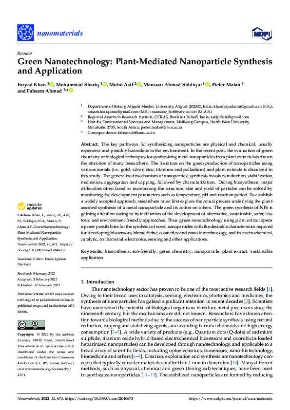(PDF) Green Nanotechnology: Plant-Mediated Nanoparticle Synthesis and Application