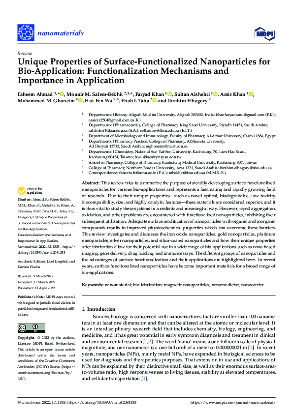 Pdf Unique Properties Of Surface Functionalized Nanoparticles For Bio