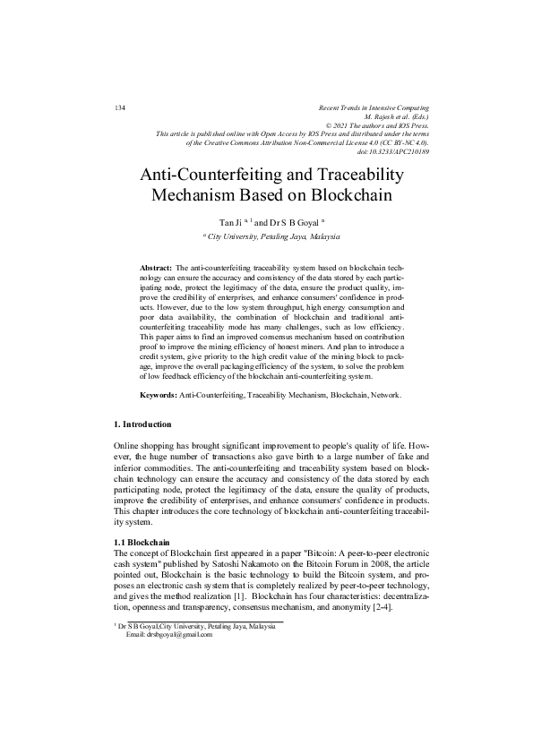 (PDF) Anti-Counterfeiting and Traceability Mechanism Based on Blockchain
