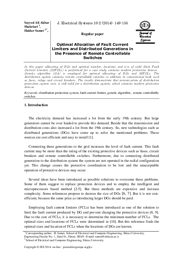 Pdf Optimal Allocation Of Fault Current Limiters And Distributed Generations In The Presence