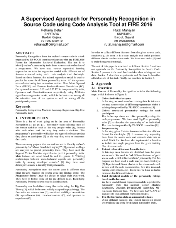 Pdf A Supervised Approach For Personality Recognition In Source Code Using Code Analysis Tool