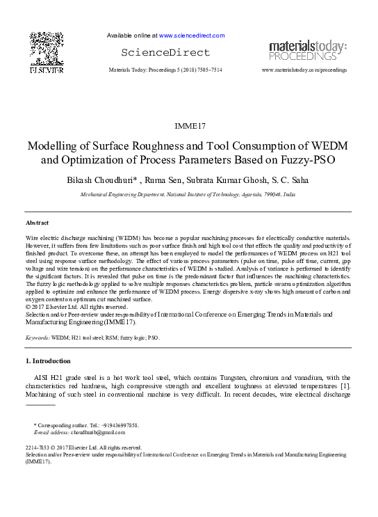 Pdf Modelling Of Surface Roughness And Tool Consumption Of Wedm And Optimization Of Process