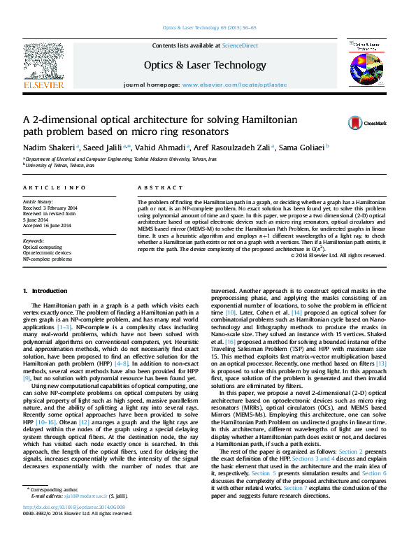 (PDF) A 2-dimensional optical architecture for solving Hamiltonian path problem based on micro ...