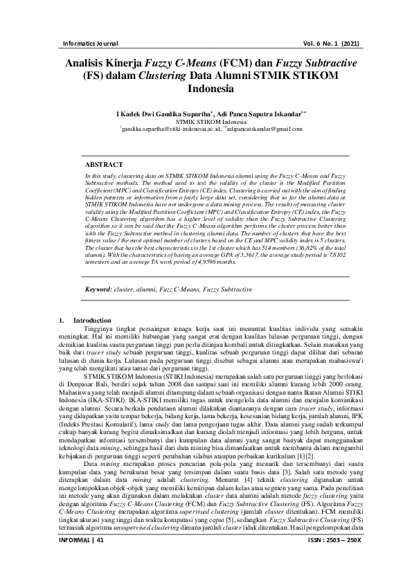 Pdf Analisis Kinerja Fuzzy C Means Fcm Dan Fuzzy Subtractive Fs Dalam Clustering Data