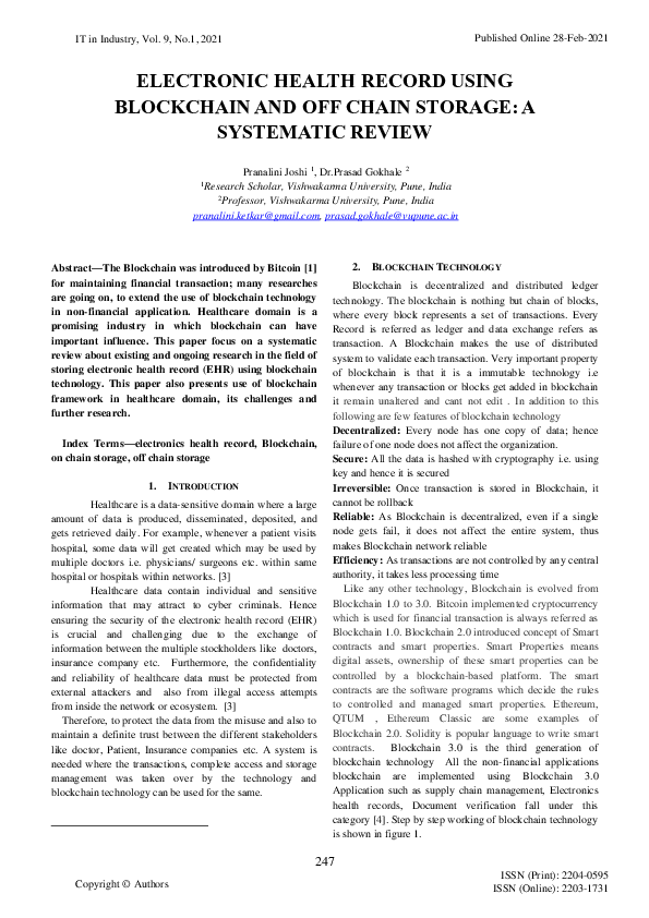 (PDF) Electronic Health Record Using Blockchain and Off Chain Storage ...