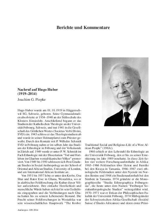 (PDF) Nachruf auf Hugo Huber (1919-2014