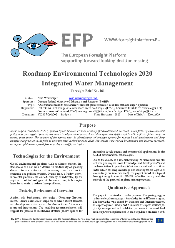 (PDF) Roadmap Environmental Technologies 2020 Integrated Water ...