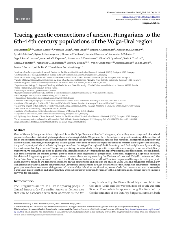 (PDF) Tracing genetic connections of ancient Hungarians to the 6th-14th ...