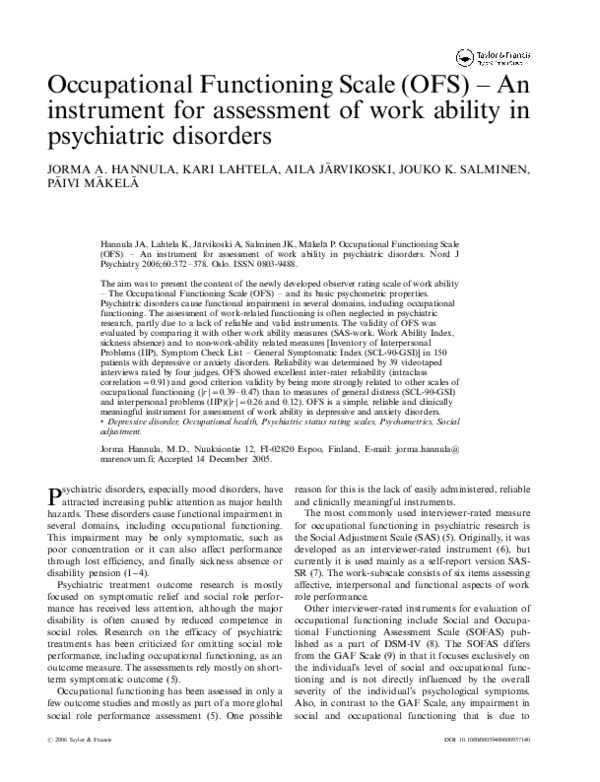 (PDF) Occupational Functioning Scale (OFS) – An instrument for ...