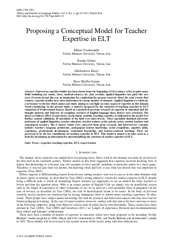 (PDF) Proposing a Conceptual Model for Teacher Expertise in ELT | Elham Yazdanmehr - Academia.edu