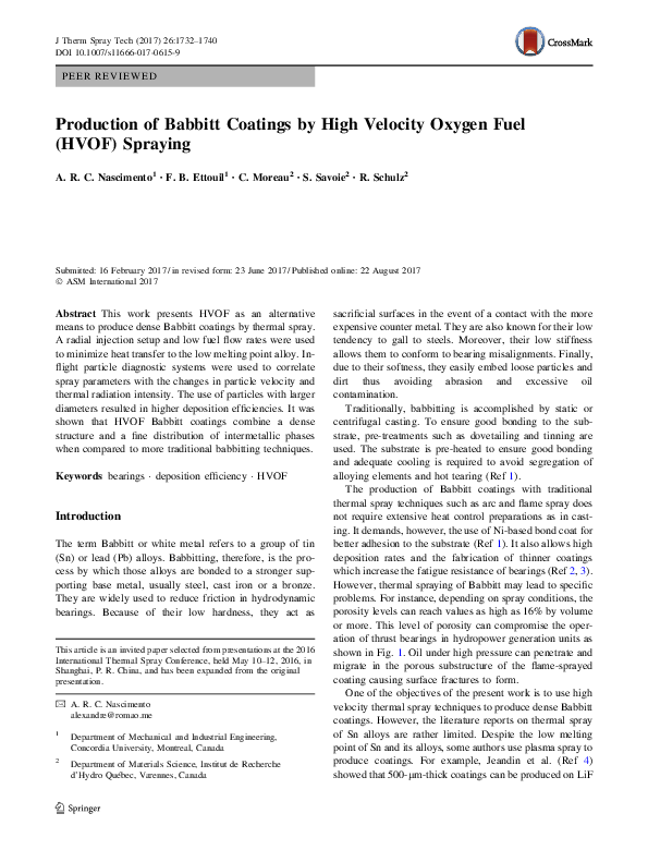 (PDF) Production of Babbitt Coatings by High Velocity Oxygen Fuel (HVOF ...