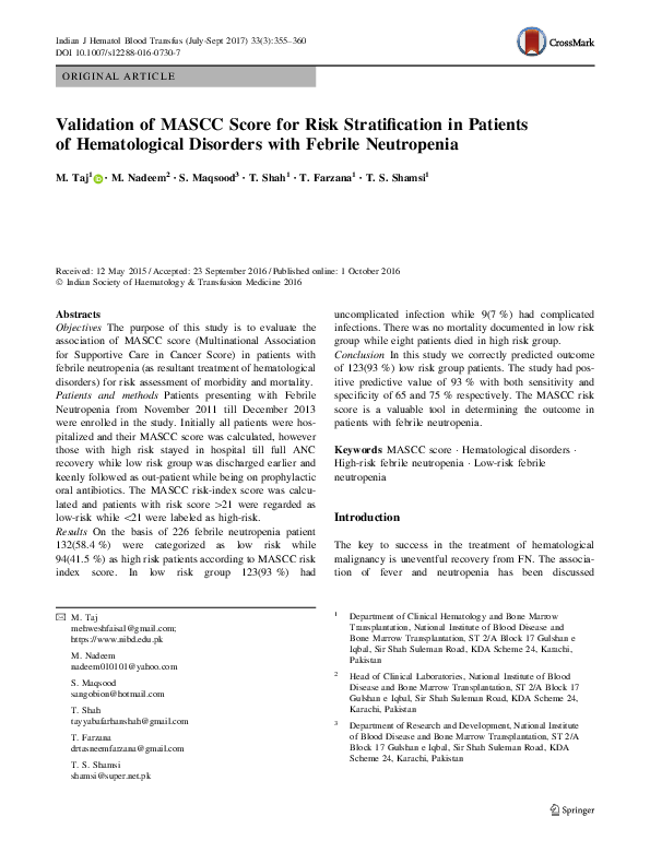 (PDF) Validation of MASCC Score for Risk Stratification in Patients of ...