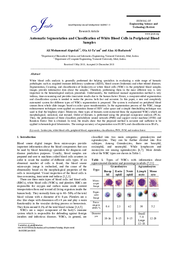 (PDF) Automatic Segmentation and Classification of White Blood Cells in Peripheral Blood Samples