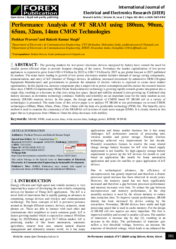 (PDF) Performance Analysis of 9T SRAM using 180nm, 90nm, 65nm, 32nm, 14nm CMOS Technologies