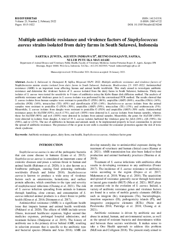 (PDF) Multiple antibiotic resistance and virulence factors of Staphylococcus aureus strains ...