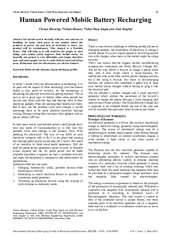 (PDF) Human Powered Mobile Battery Recharging