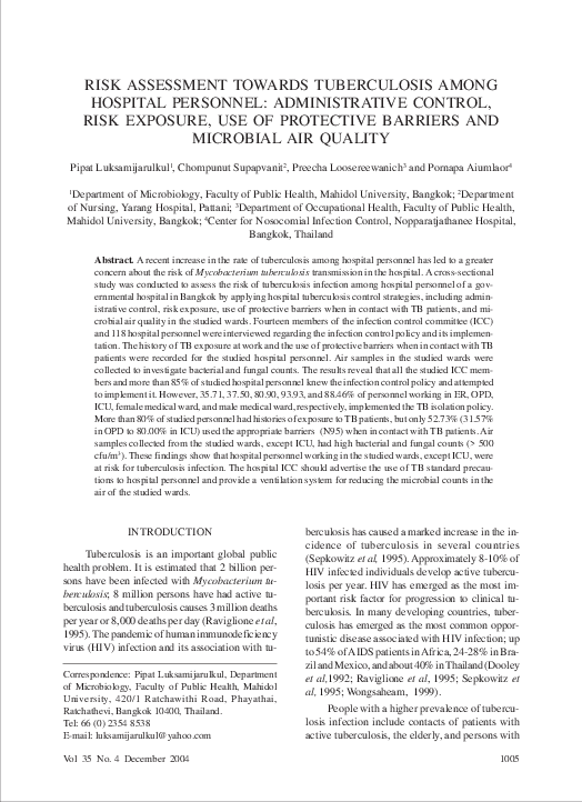 (PDF) Risk assessment towards tuberculosis among hospital personnel ...