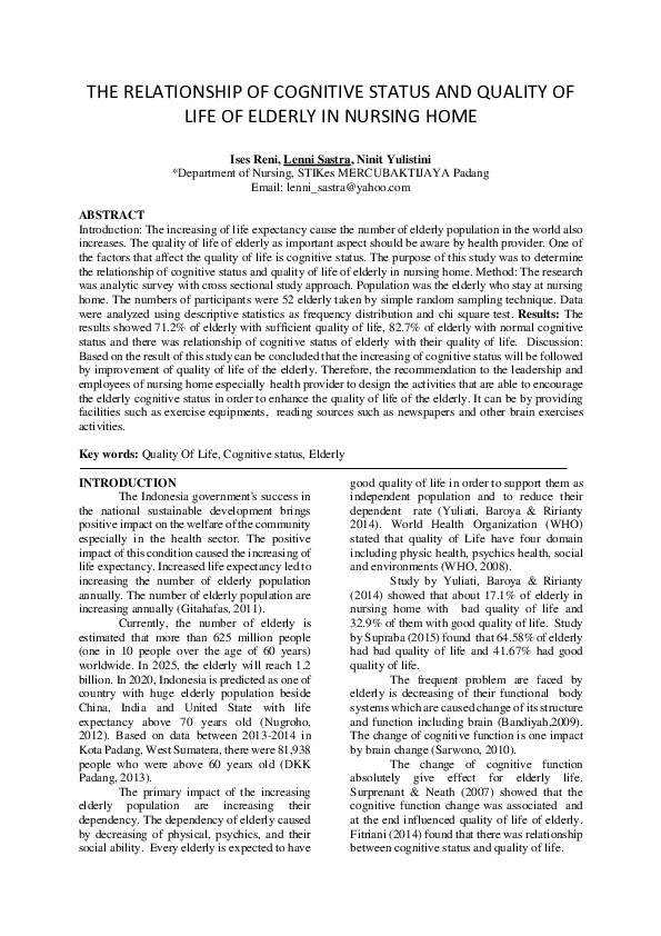 (PDF) Cognitive Status and Quality of Life in Elderly