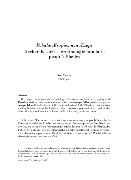 (PDF) Fabulae Aesopiae, non Aesopi. Recherche sur la terminologie ...