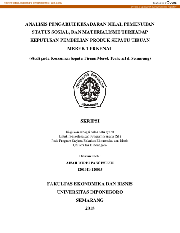 (PDF) ANALISIS PENGARUH KESADARAN NILAI, PEMENUHAN STATUS SOSIAL, DAN MATERIALISME TERHADAP ...