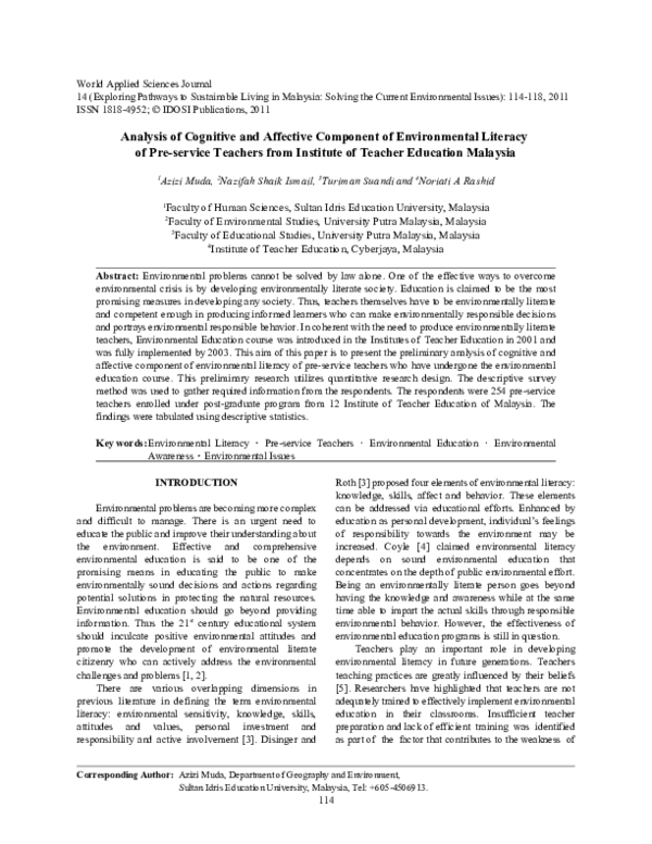 (PDF) Analysis of Cognitive and Affective Component of Environmental Literacy of Pre-service ...