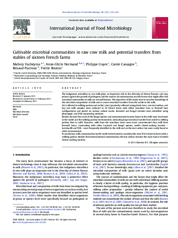 (PDF) Microbial Transfer from Stable to Raw Cow Milk in French Farms
