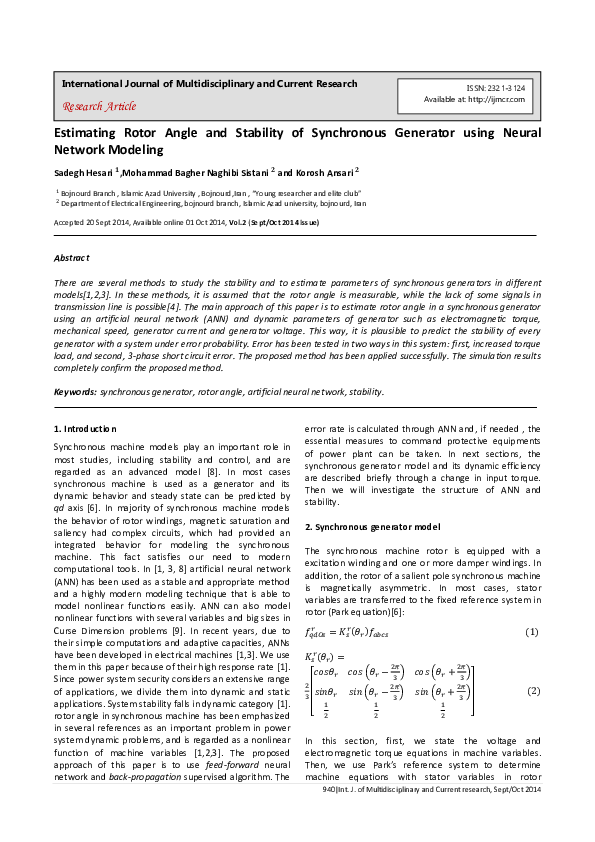 (PDF) Estimating rotor angle and stability of synchronous generator using neural network modeling