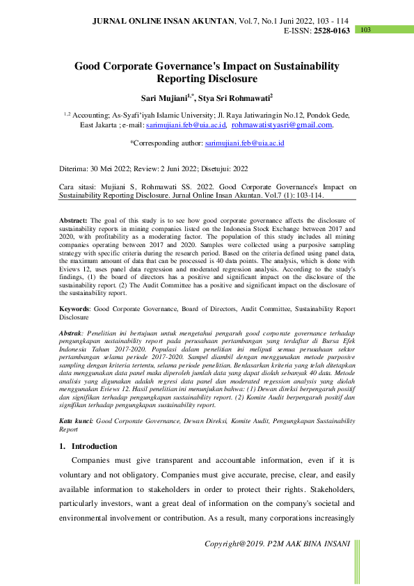 (PDF) Good Corporate Governance's Impact on Sustainability Reporting Disclosure