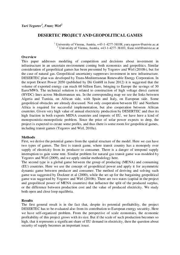 (PDF) Desertec Project and Geopolitical Games