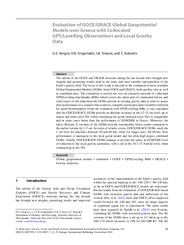 (PDF) Evaluation of GOCE/GRACE Global Geopotential Models over Greece with Collocated GPS ...