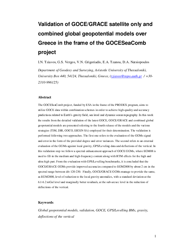 (PDF) Validation of GOCE/GRACE Satellite Only and Combined Global Geopotential Models Over ...