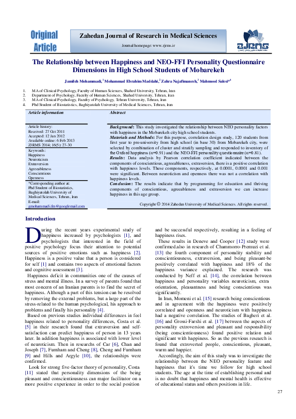 (PDF) The Relationship between Happiness and NEO-FFI Personality ...