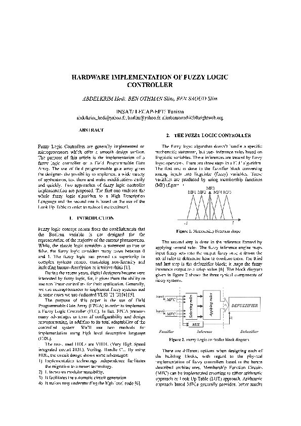 (PDF) Hardware implementation of fuzzy logic controller | BEN OTHMAN Slim - Academia.edu