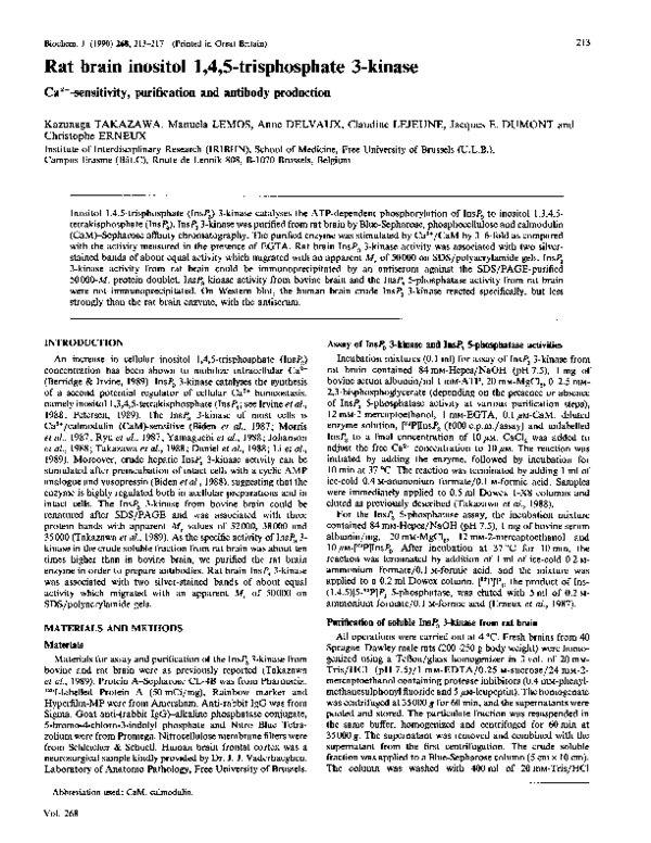 (PDF) Rat brain inositol 1,4,5-trisphosphate 3-kinase. Ca2+-sensitivity, purification and ...
