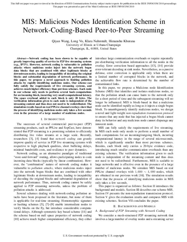 (PDF) MIS: Malicious Nodes Identification Scheme in Network-Coding-Based Peer-to-Peer Streaming ...