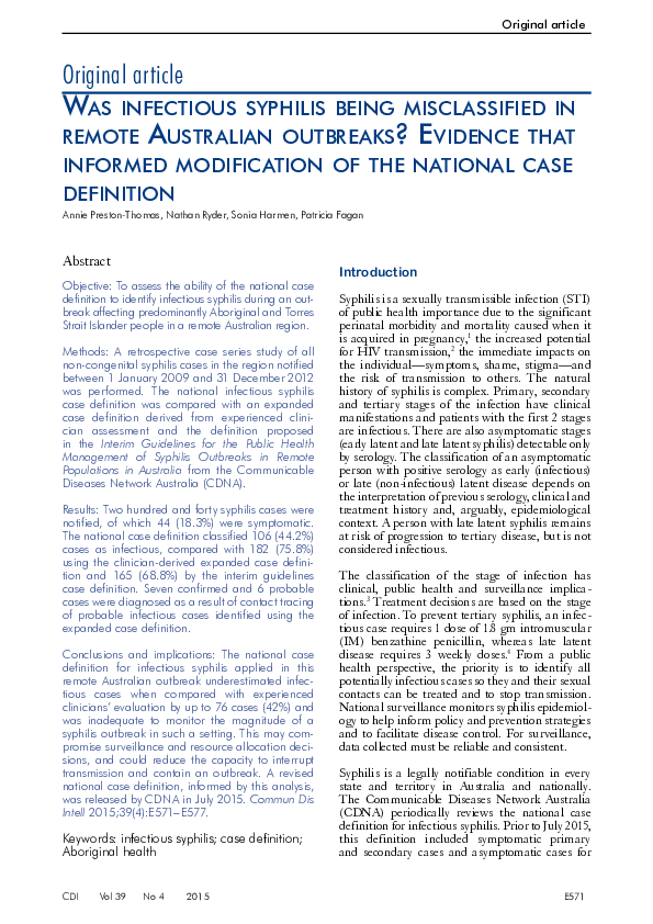 (PDF) Was infectious syphilis being misclassified in remote Australian ...